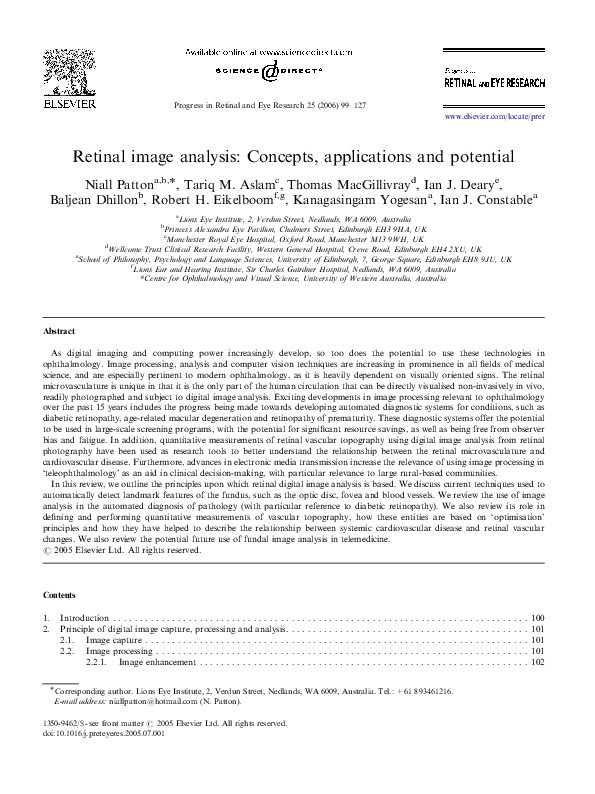 (PDF) Retinal image analysis: Concepts, applications and potential
