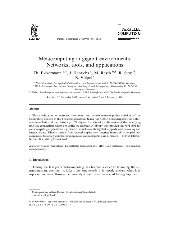 (PDF) Metacomputing in gigabit environments: Networks, tools, and applications