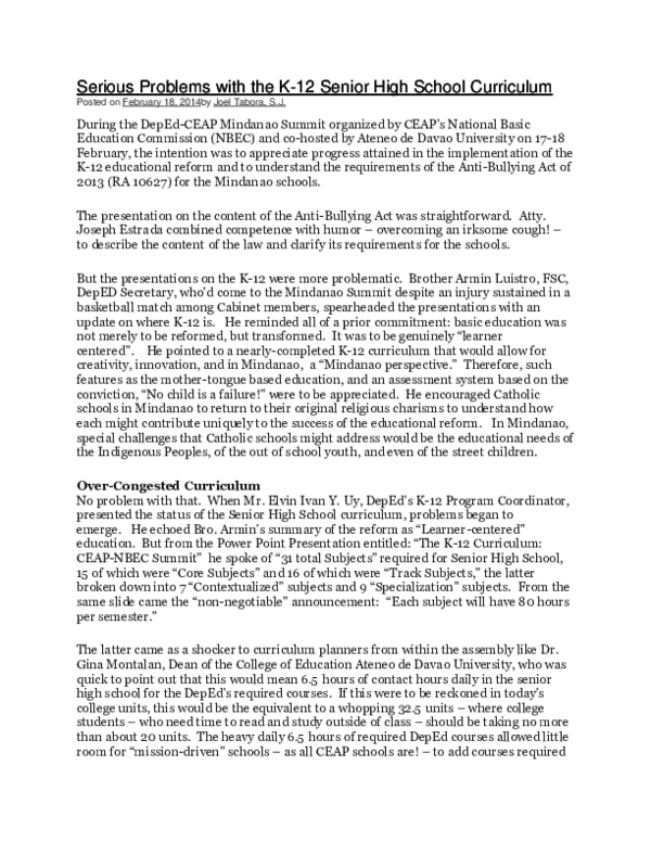 (PDF) Serious Problems with the K-12 Senior High School Curriculum