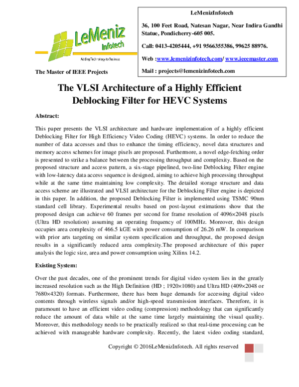 Pdf The Master Of Ieee Projects The Vlsi Architecture Of A Highly Efficient Deblocking Filter