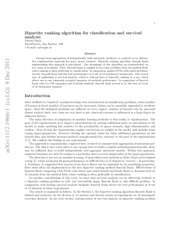 (PDF) Bipartite ranking algorithm for classification and survival ...