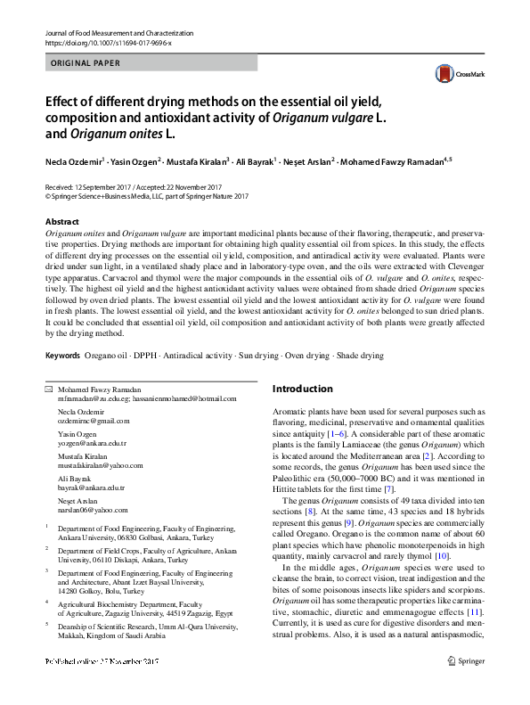 Pdf Effect Of Different Drying Methods On The Essential Oil Yield