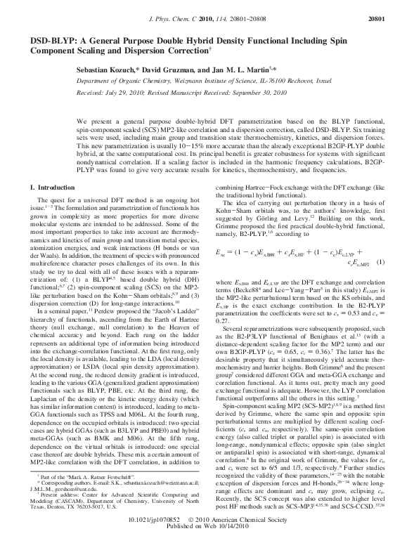 (PDF) DSD-BLYP: A General Purpose Double Hybrid Density Functional Including Spin Component ...