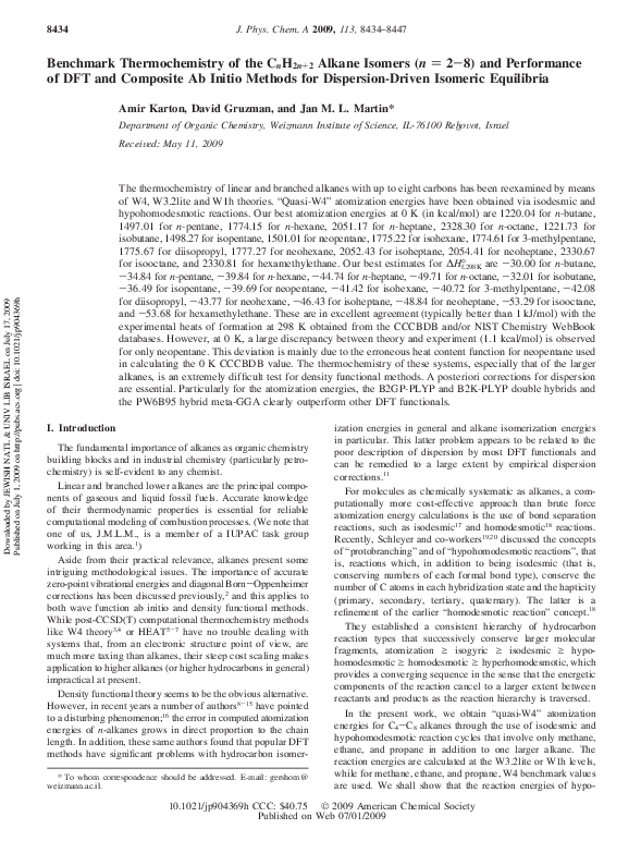 (PDF) Benchmark Thermochemistry of the C n H 2n+2 Alkane Isomers (n ) 2-8) and Performance of ...