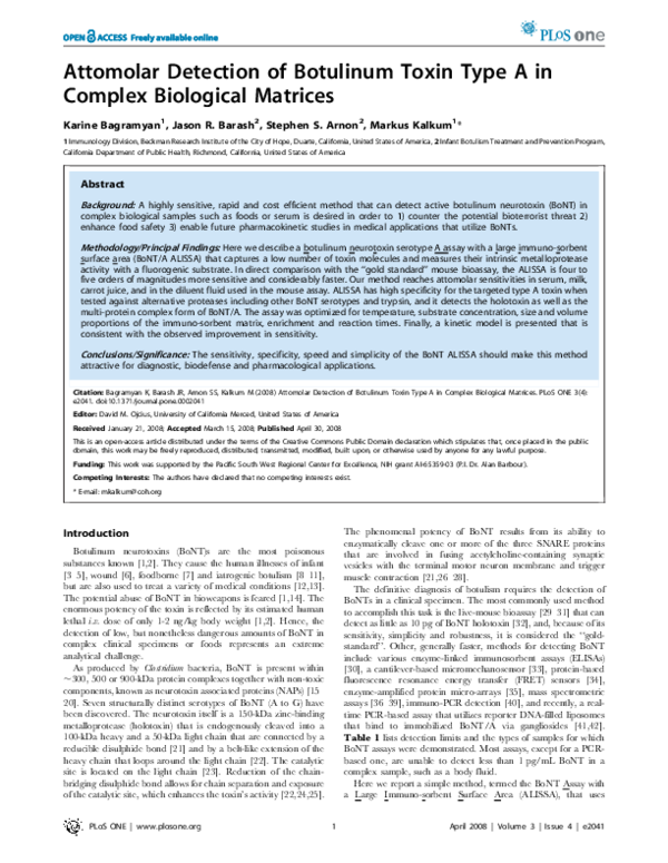 (PDF) Attomolar Detection of Botulinum Toxin Type A in Complex Biological Matrices