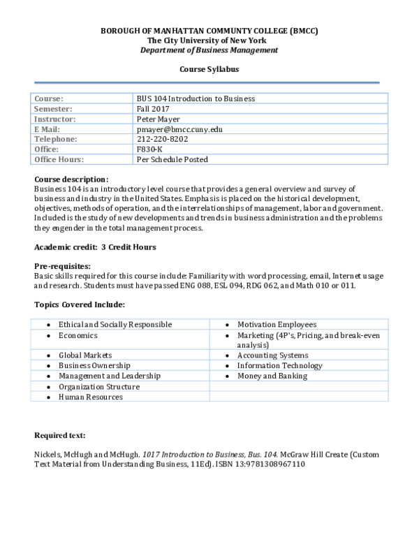 (PDF) BUS 104 Course Structure and Objectives