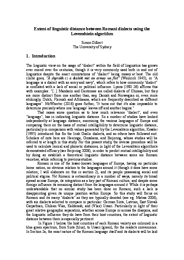 Pdf Extent Of Linguistic Distance Between Romani Dialects Using The Levenshtein Algorithm