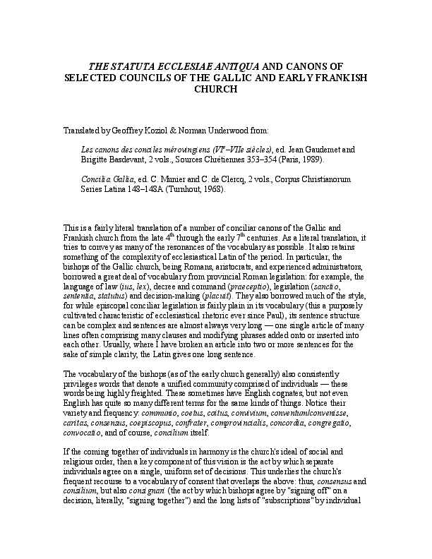 (PDF) THE STATUTA ECCLESIAE ANTIQUA AND CANONS OF SELECTED COUNCILS OF ...