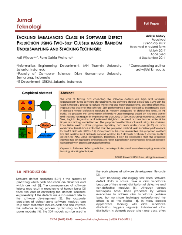 Pdf Tackling Imbalanced Class In Software Defect Prediction Using Two