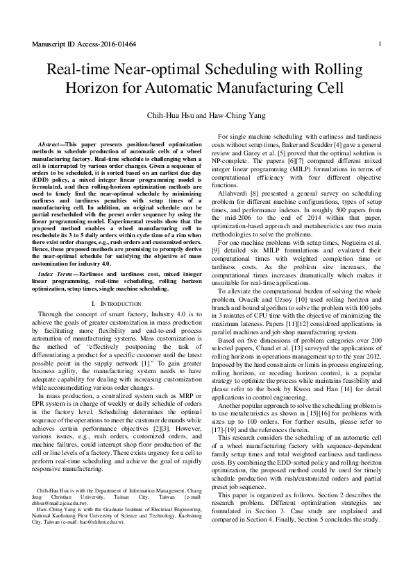 (PDF) Real-time Near-optimal Scheduling with Rolling Horizon for Automatic Manufacturing Cell