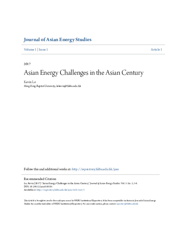 (PDF) Journal of Asian Energy Studies - Asian Energy Challenges in the ...