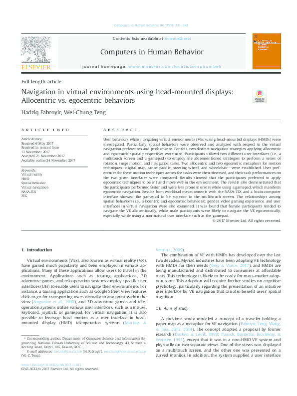 (PDF) Navigation in virtual environments using head-mounted displays: Allocentric vs. egocentric ...