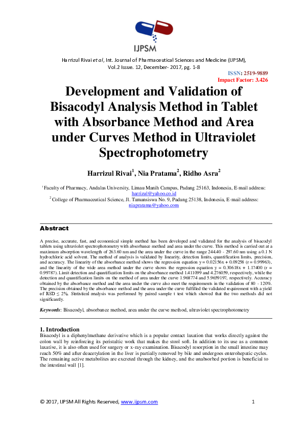 (PDF) Development and Validation of Bisacodyl Analysis Method in Tablet with Absorbance Method ...
