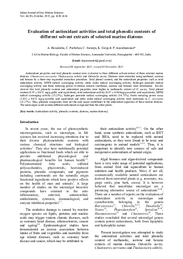 (PDF) Evaluation of antioxidant activities and total phenolic contents of different solvent ...