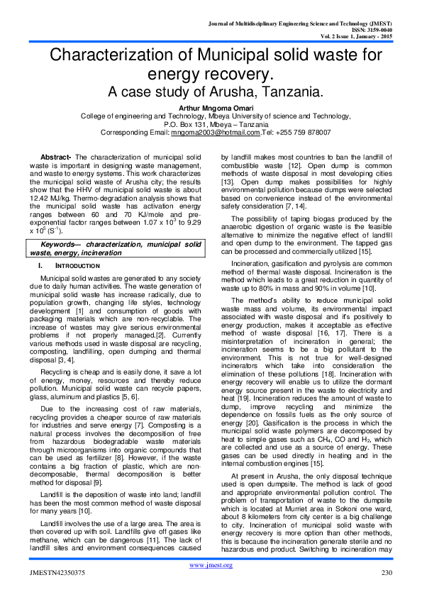 (PDF) Characterization of Municipal solid waste for energy recovery