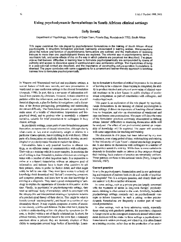 (PDF) Using psychodynamic formulations in South African clinical settings