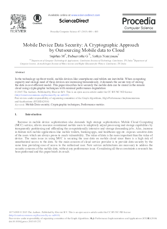 Pdf Mobile Device Data Security A Cryptographic Approach By Outsourcing Mobile Data To Cloud