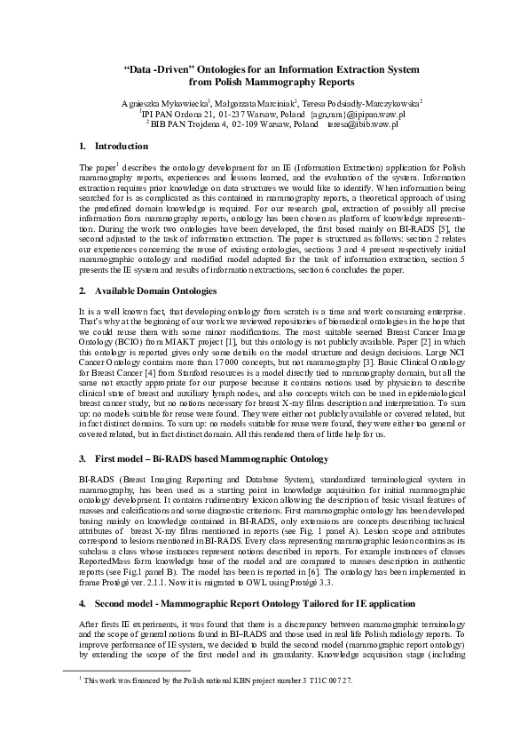 (PDF) “Data-Driven ” Ontologies for an Information Extraction System from Polish Mammography Reports