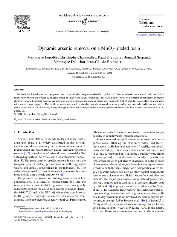 (PDF) Dynamic arsenic removal on a MnO2-loaded resin