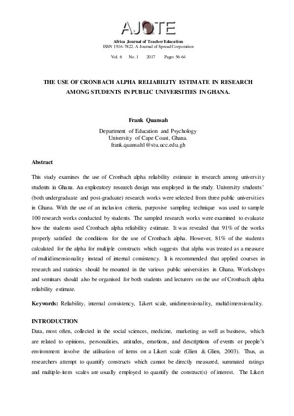 (PDF) THE USE OF CRONBACH ALPHA RELIABILITY ESTIMATE IN RESEARCH AMONG ...