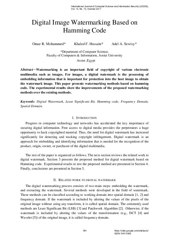 (PDF) Digital Image Watermarking Based on Hamming Code