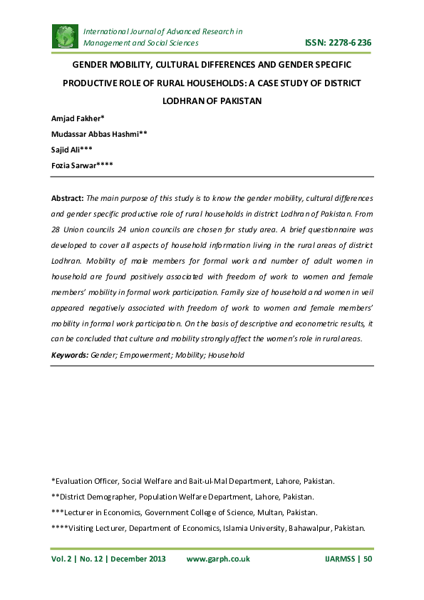 (PDF) GENDER MOBILITY, CULTURAL DIFFERENCES AND GENDER SPECIFIC ...