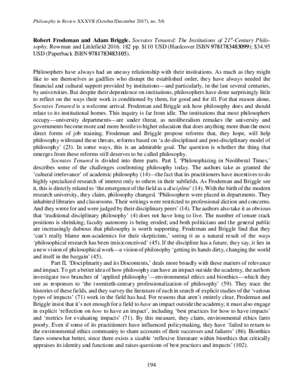 (PDF) Robert Frodeman and Adam Briggle, Socrates Tenured: The ...