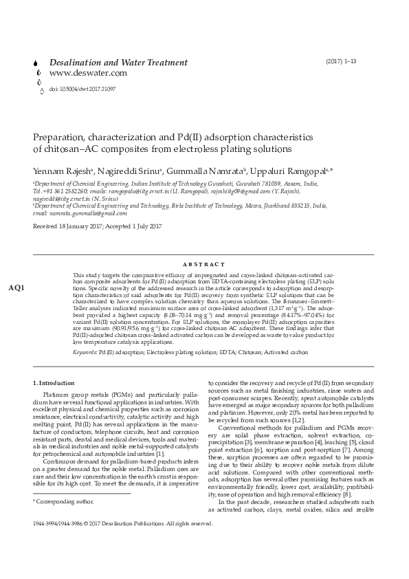 (PDF) Preparation, characterization and Pd(II) adsorption characteristics of chitosan–AC ...