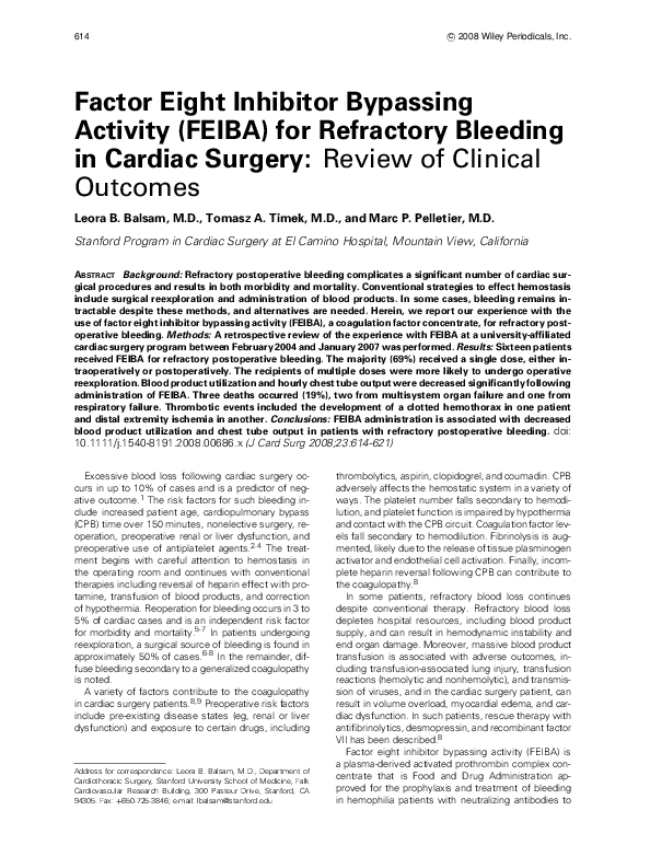 (PDF) Factor Eight Inhibitor Bypassing Activity (FEIBA) for Refractory ...