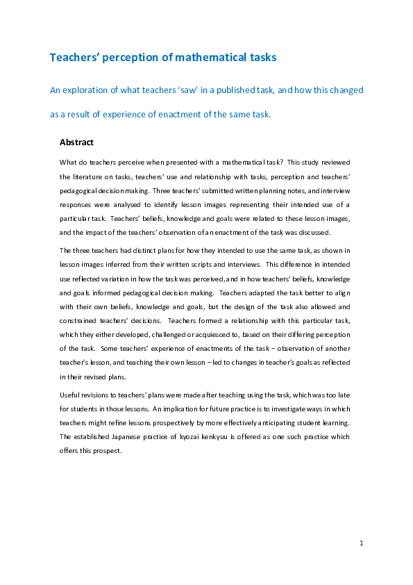 (PDF) Teachers' perception of mathematical tasks | matt lewis ...