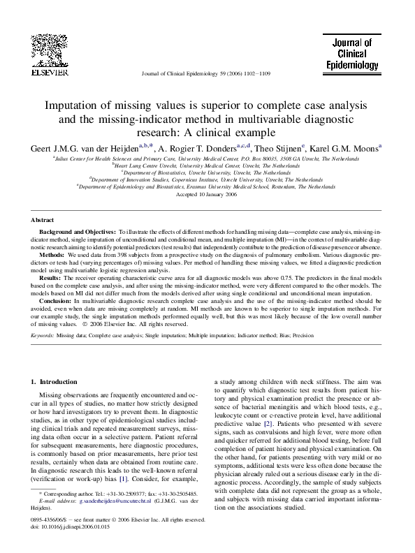 (PDF) Imputation of missing values is superior to complete case analysis and the missing ...
