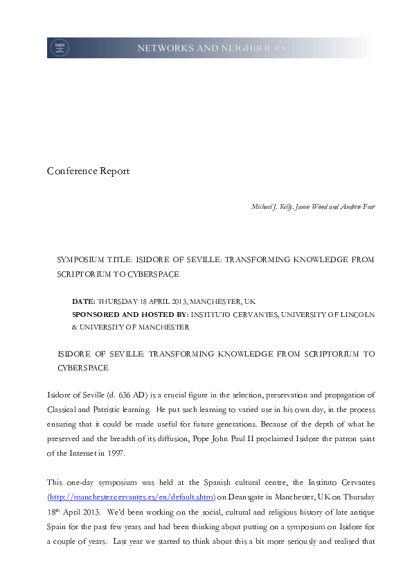 (PDF) Andy Fear, Michael J. Kelly, and Jamie Wood, Conference Report ...