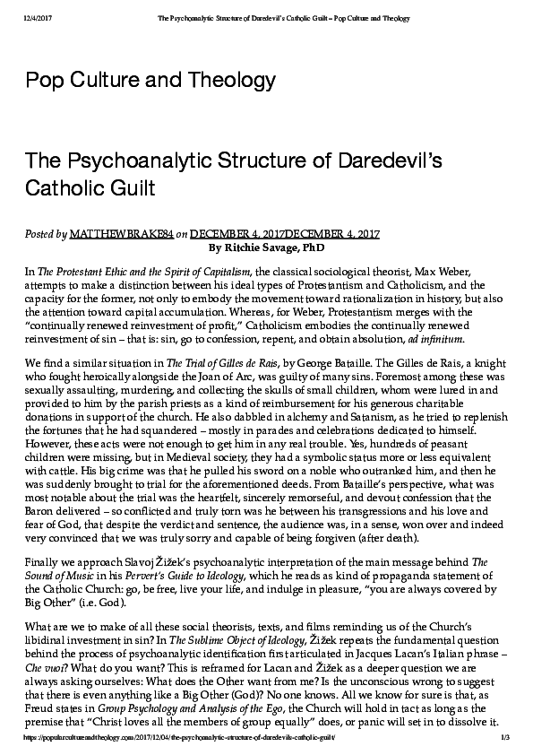 (PDF) The Psychoanalytic Structure of Daredevil's Catholic Guilt
