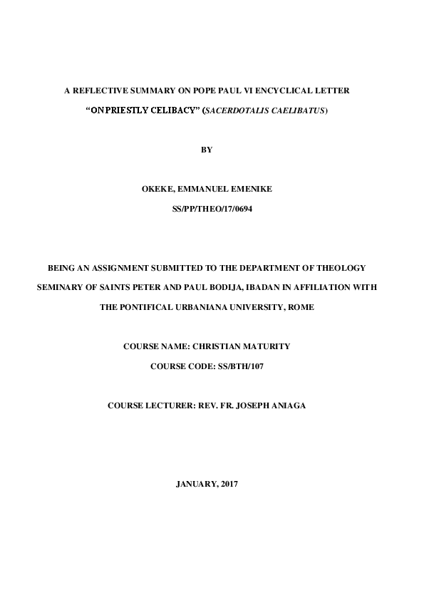 (DOC) A REFLECTIVE SUMMARY ON POPE PAUL VI ENCYCLICAL LETTER " ON ...