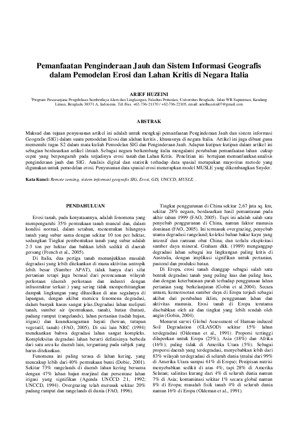 (PDF) Pemanfaatan Penginderaan Jauh dan Sistem Informasi Geografis dalam Pemodelan Erosi dan ...