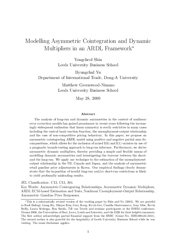 (PDF) Modelling Asymmetric Cointegration and Dynamic Multipliers in a Nonlinear ARDL Framework ...