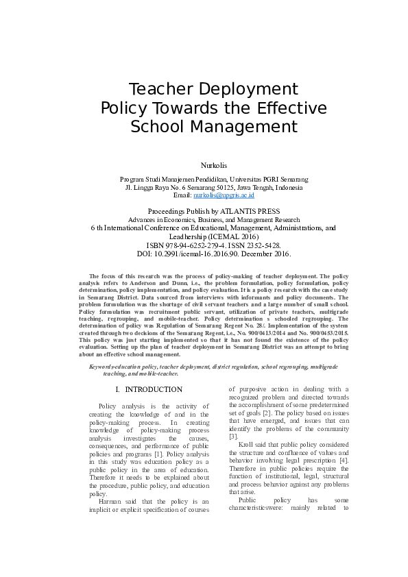 (DOC) Teacher Deployment Policy Towards the Effective School Management