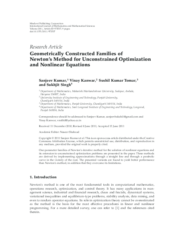 (PDF) Geometrically Constructed Families of Newton's Method for Unconstrained Optimization and ...