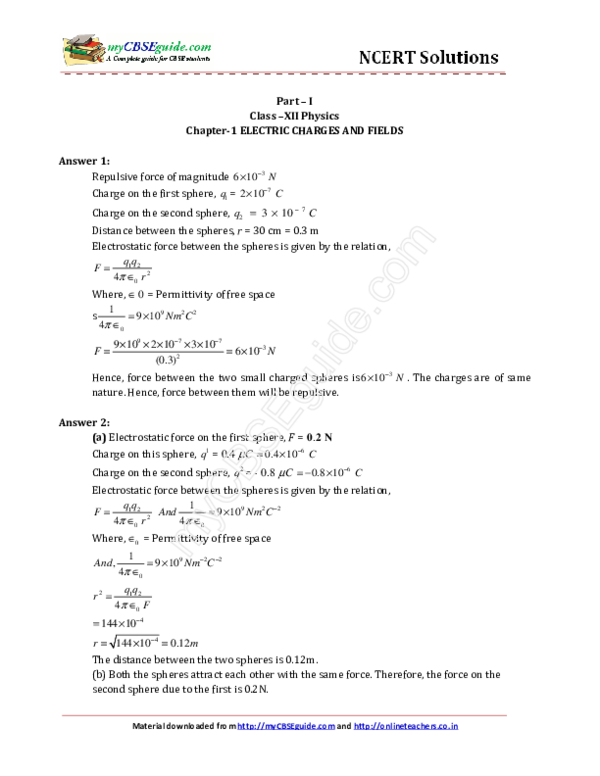 (PDF) Part – I Class –XII Physics Chapter-1 ELECTRIC CHARGES AND FIELDS
