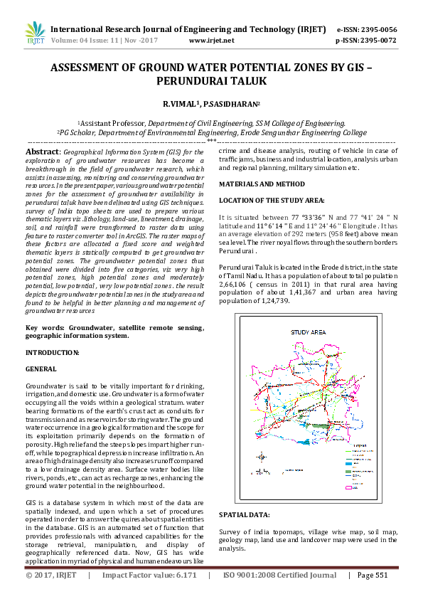 (PDF) ASSESSMENT OF GROUND WATER POTENTIAL ZONES BY GIS – PERUNDURAI TALUK