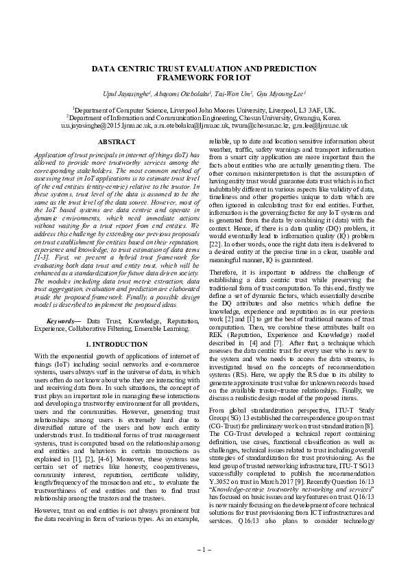Pdf Data Centric Trust Evaluation And Prediction Framework For Iot