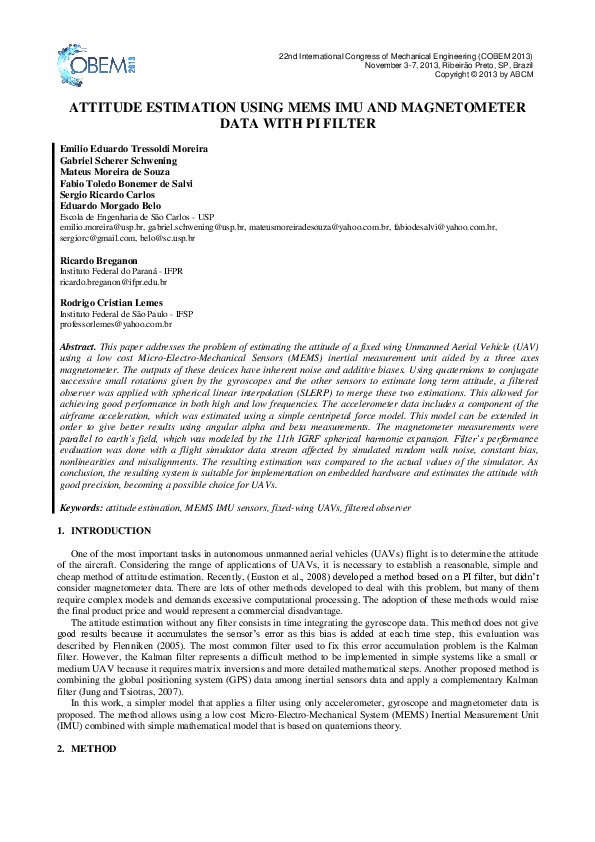 Pdf Attitude Estimation Using Mems Imu And Magnetometer Data With Pi 9473