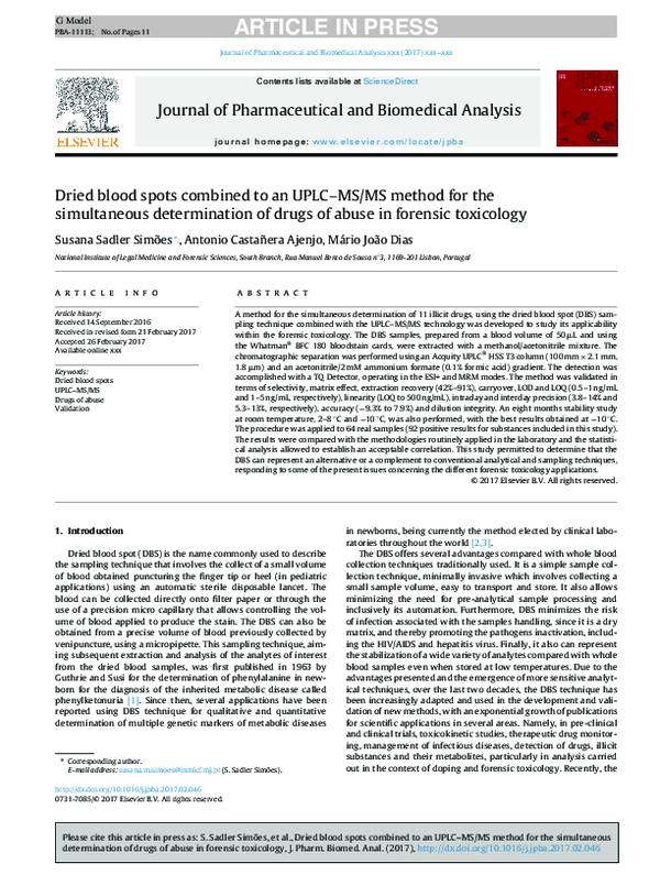 (PDF) ARTICLE IN PRESS G Model Dried blood spots combined to an UPLC–MS/MS method for the ...
