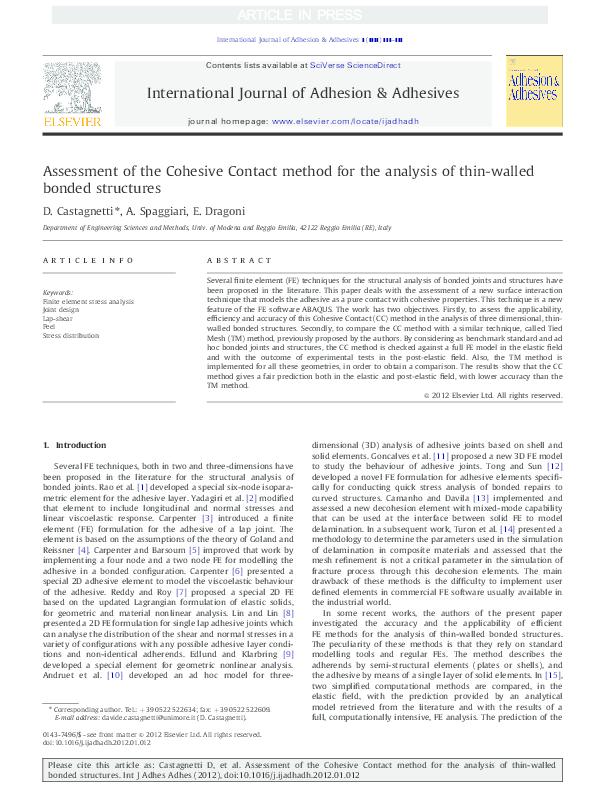 (PDF) Assessment of the Cohesive Contact method for the analysis of ...