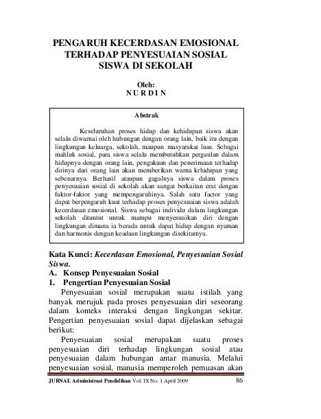 (PDF) PENGARUH KECERDASAN EMOSIONAL TERHADAP PENYESUAIAN SOSIAL SISWA DI SEKOLAH