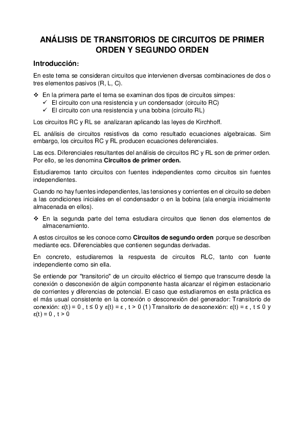 (DOC) ANÁLISIS DE TRANSITORIOS DE CIRCUITOS DE PRIMER ORDEN Y SEGUNDO ORDEN