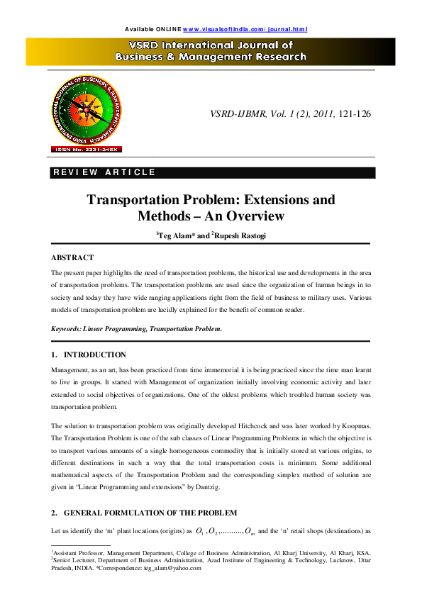 (PDF) Transportation Problem: Extensions and Methods – An Overview