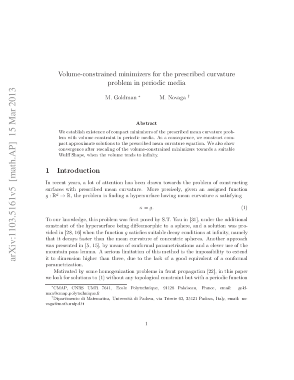 (PDF) Volume-constrained minimizers for the prescribed curvature problem in periodic media