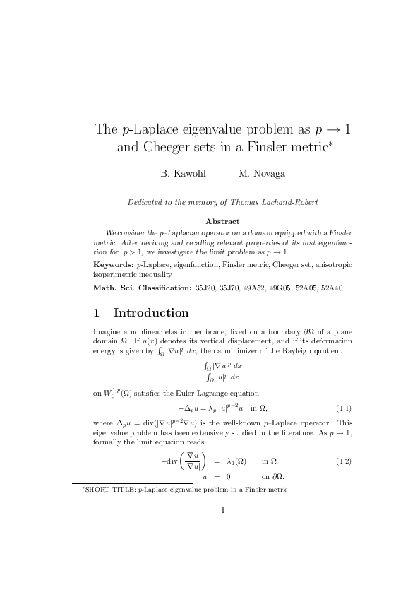 (PDF) The p-Laplace eigenvalue problem as p→ 1 and Cheeger sets in a Finsler metric | Matteo ...