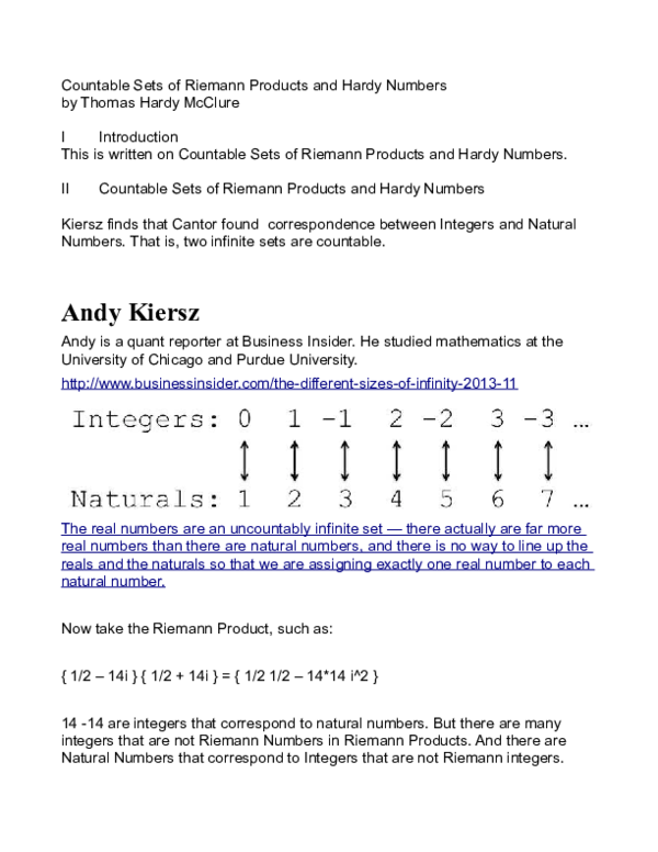 (PDF) Countable Sets of Riemann Products and Hardy Numbers